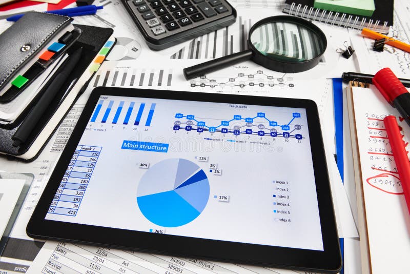 Top View of Office Employee`s Desk - Work with Tablet Pc Computer and ...