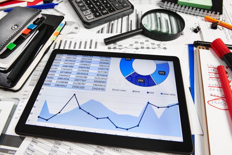 Top View of Office Employee`s Desk - Work with Tablet Pc Computer and ...