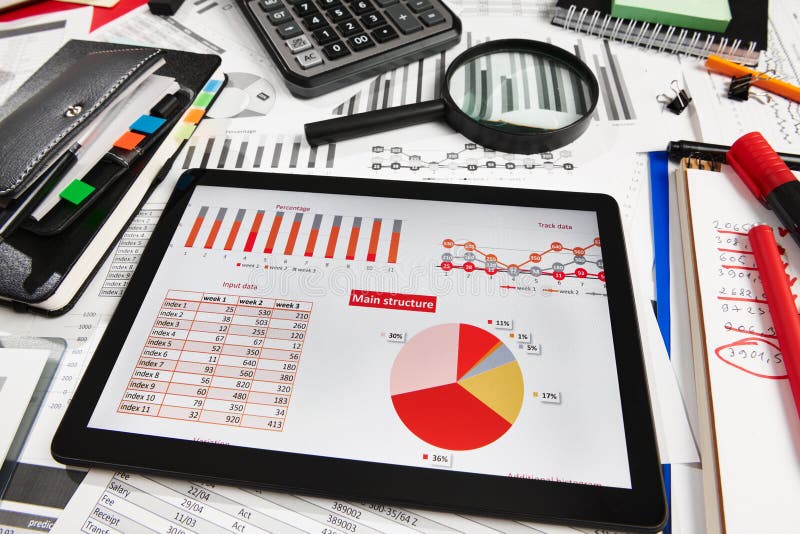 Top View of Office Employee`s Desk - Work with Tablet Pc Computer and ...