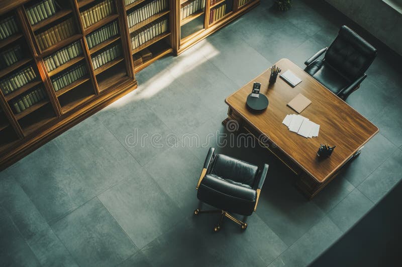 Top View of Office Interior with Work Desk, Shelf, and Consulting Area ...