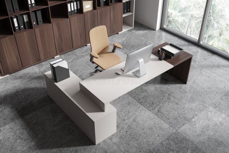 Top View of Office Interior with Work Table and Pc Computer, Panoramic ...