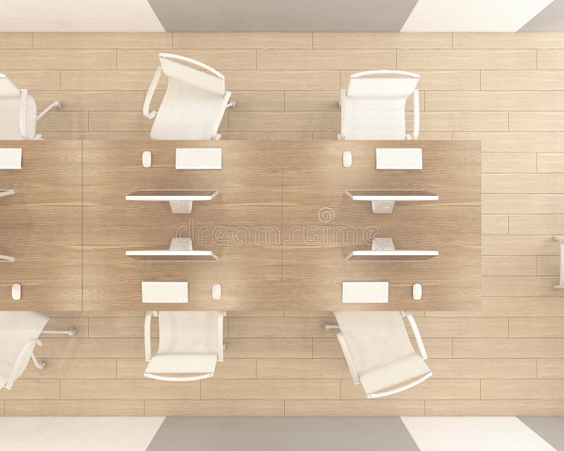Top View of Office Room with Wood Desk and Wood Floor. 3d Rendering ...