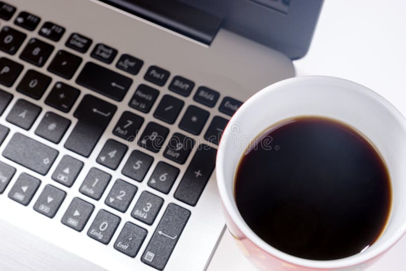 Top View of an Office Table. Laptop Computer with Cup of Coffee Stock ...