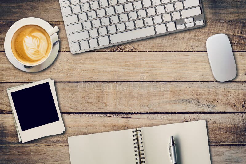 Top View Office Table with Notepad, Computer and Coffee Cup Stock Image ...