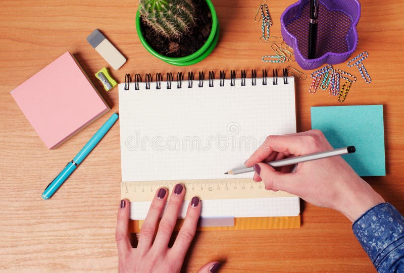 Top View of Office Tools with Blank Notebook and Hands Stock Image ...