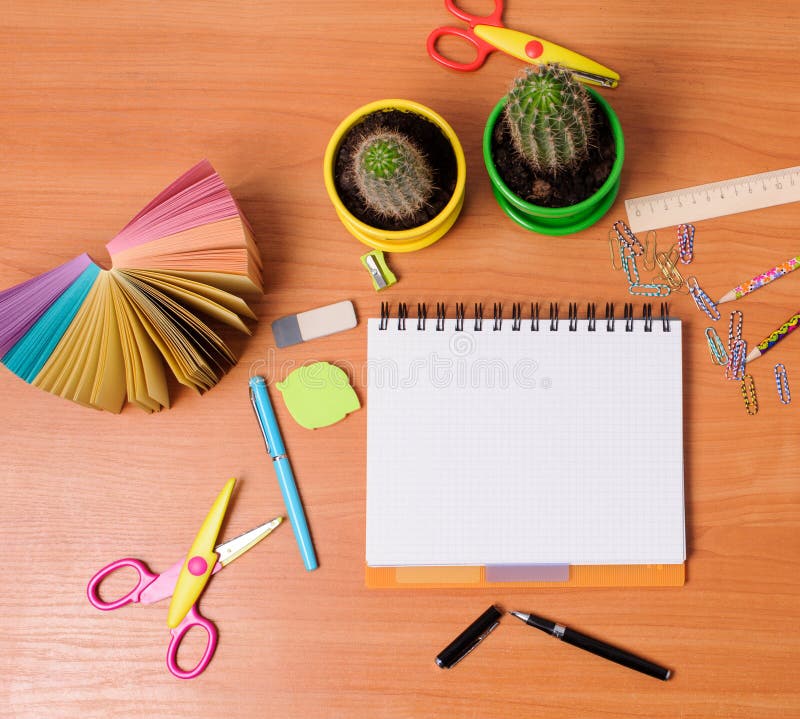 Top View of Office Tools with Blank Notebook on Wooden Table Stock ...