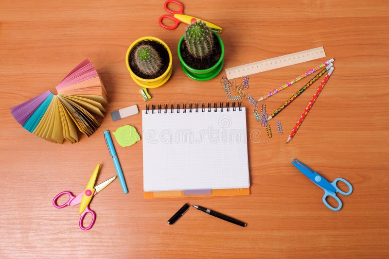 Top View of Office Tools with Blank Notebook on Wooden Table Stock ...