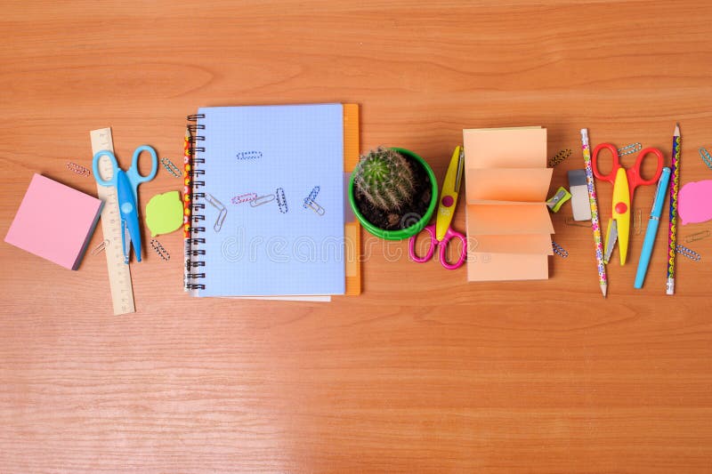 Top View of Office Tools on Wooden Table Stock Image - Image of wooden ...