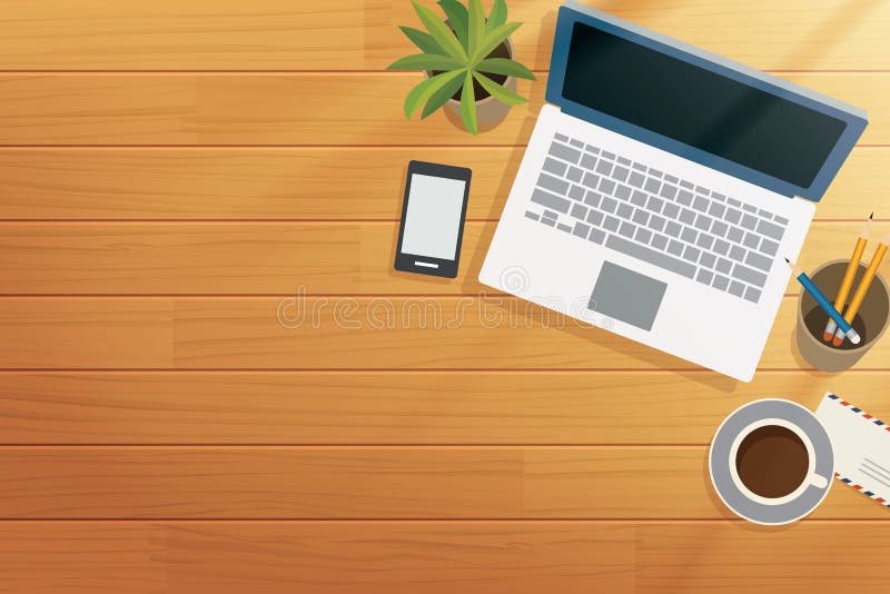 Top View Office Wooden Desk in Morning Stock Vector - Illustration of ...