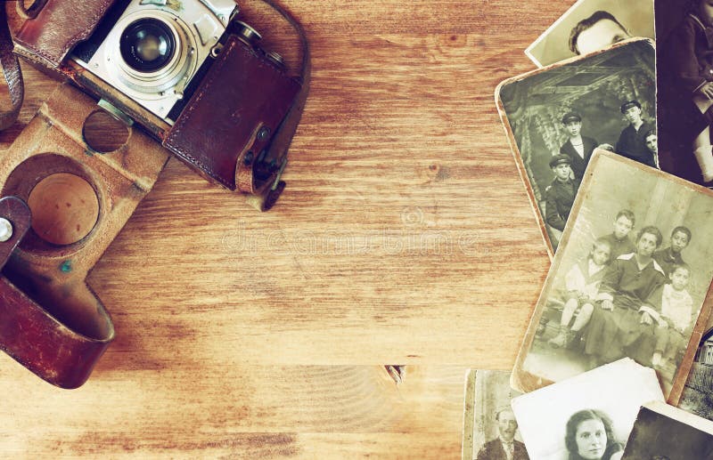 Top View of Old Camera, Antique Photographs Stock Photo - Image of ...