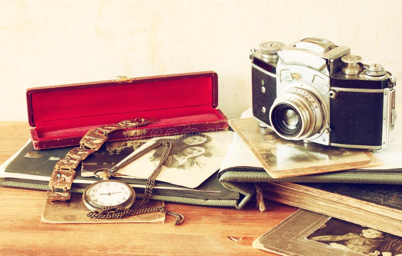 Top View of Old Camera, Antique Photographs and Old Pocket Clock Stock ...