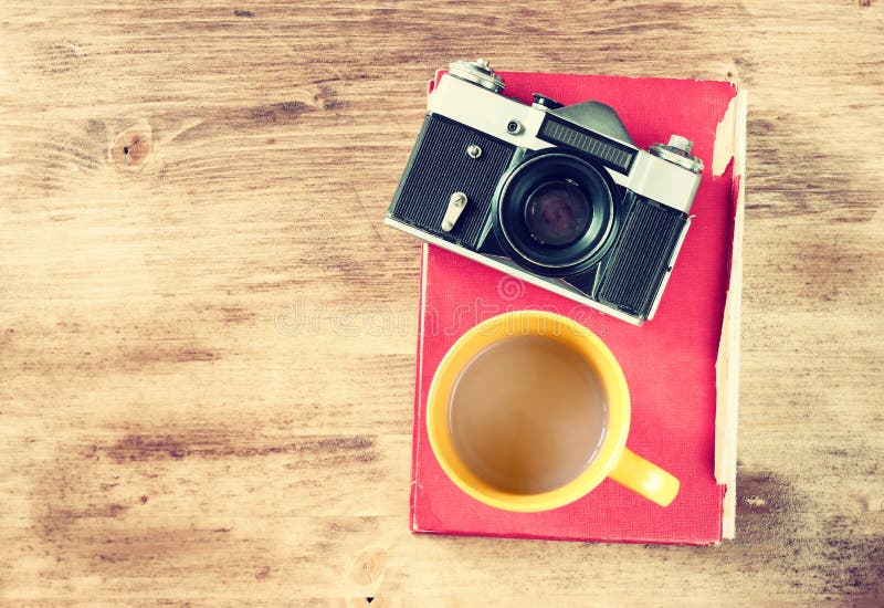Top View of Old Camera Cup of Coffee and Book Stock Photo - Image of ...