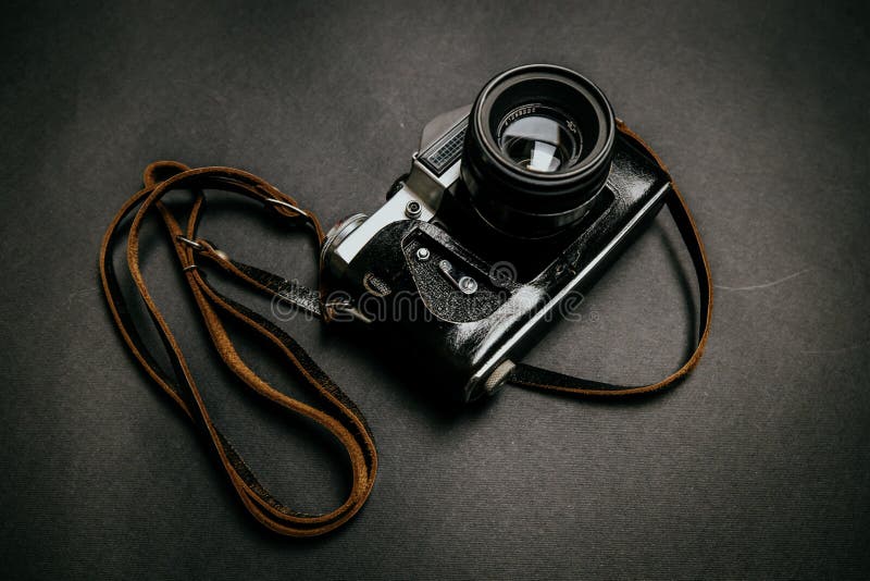 Top View of an Old and Classic Camera with Leather Strap Isolated on ...