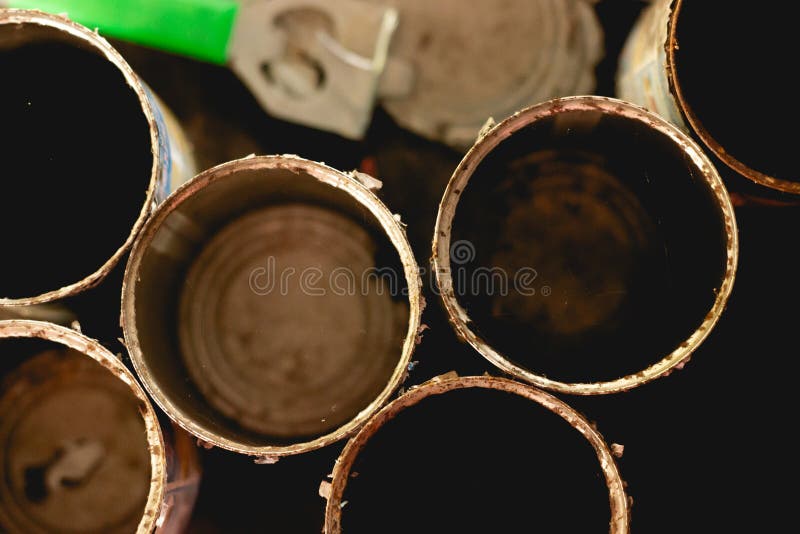 Top view of old empty cans stock image. Image of tool - 308693655