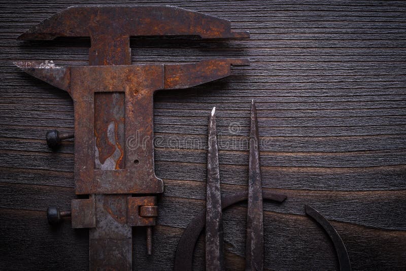 Top View of Old-fashioned Slide Calipers on Vintage Wooden Board Stock ...
