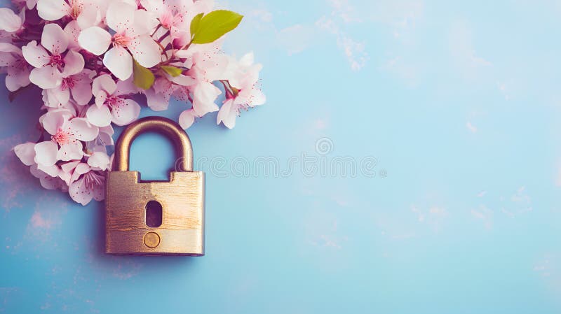 Top View of Old Padlock with Flowers on Pastel Blue Background with ...