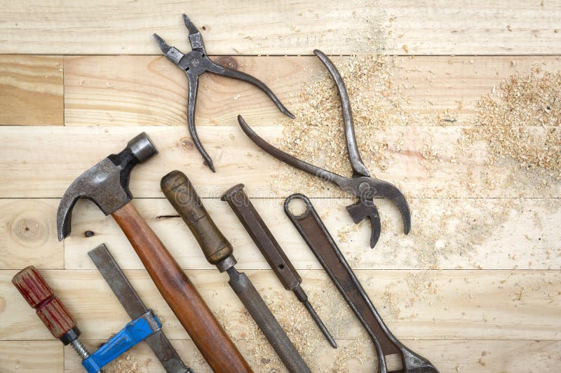 Top View of Old and Rusty Toolset on Natural Pine Wood Workbench Stock ...