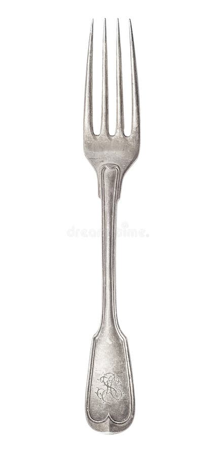 Top View of Old Silver Fork with a Monogram on the Handle Isolated on ...
