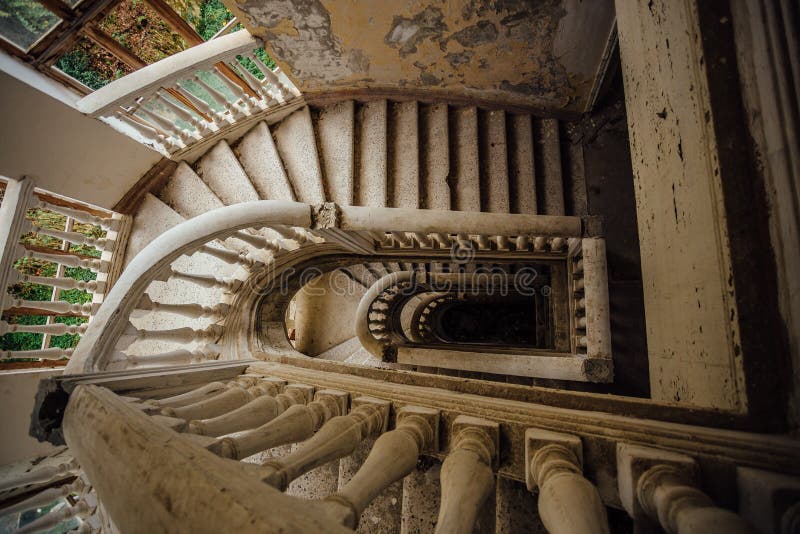 Top View of Old Vintage Decorated Staircase in Abandoned Mansion Stock ...