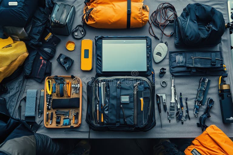 Top View of an Open Backpack with Assorted Gear Stock Illustration ...