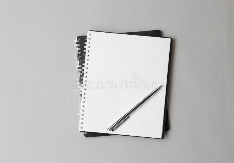 Top View of a Open Black Notebook with Pen on a Gray Background Stock ...