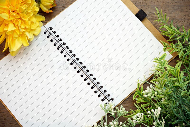 Top View of Open Blank Notebook with Flowers on Wood Background. Stock ...