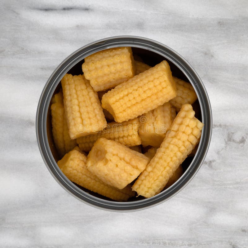 Top View of an Open Can Filled with Organic Baby Corn on a Gray Marble ...