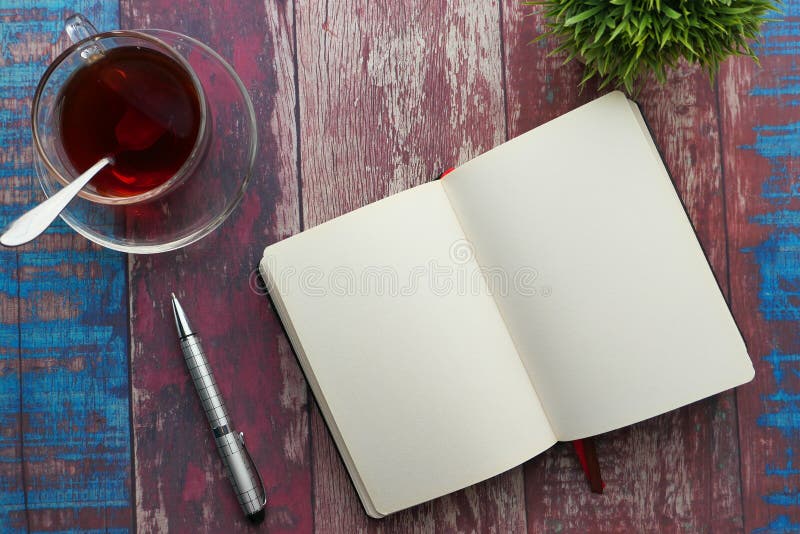 Top View of Open Diary and Tea on Table Stock Photo - Image of notebook ...
