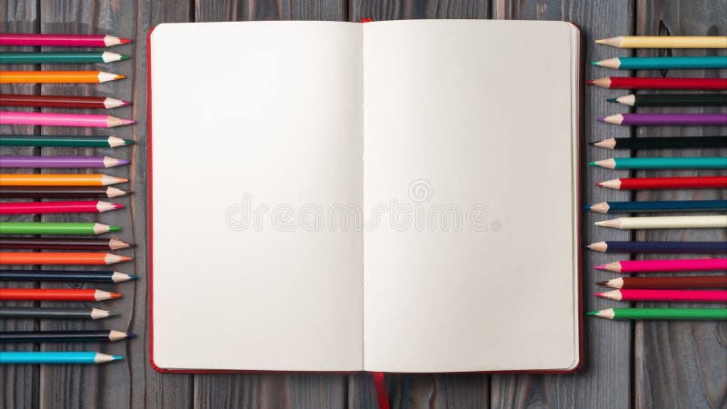 Top View of Open Empty Blank Notebook on Grey Wooden Table. Different ...