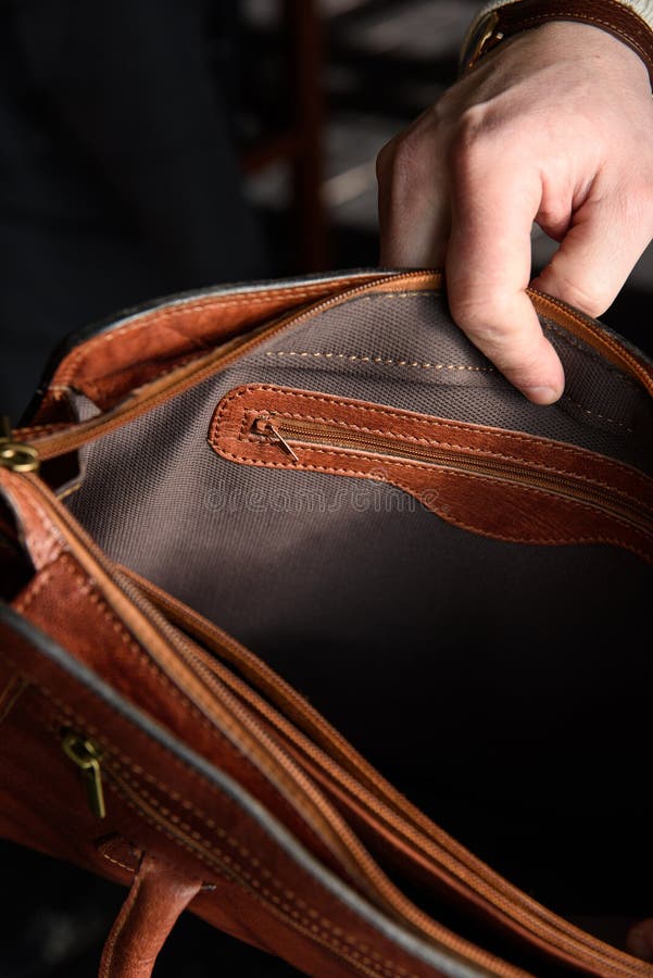 Top View of Open Empty Leather Bag in Mans Hands Stock Photo - Image of ...