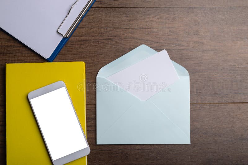 Top View Open Envelope and Copy Space with Smartphone Yellow Diary and ...