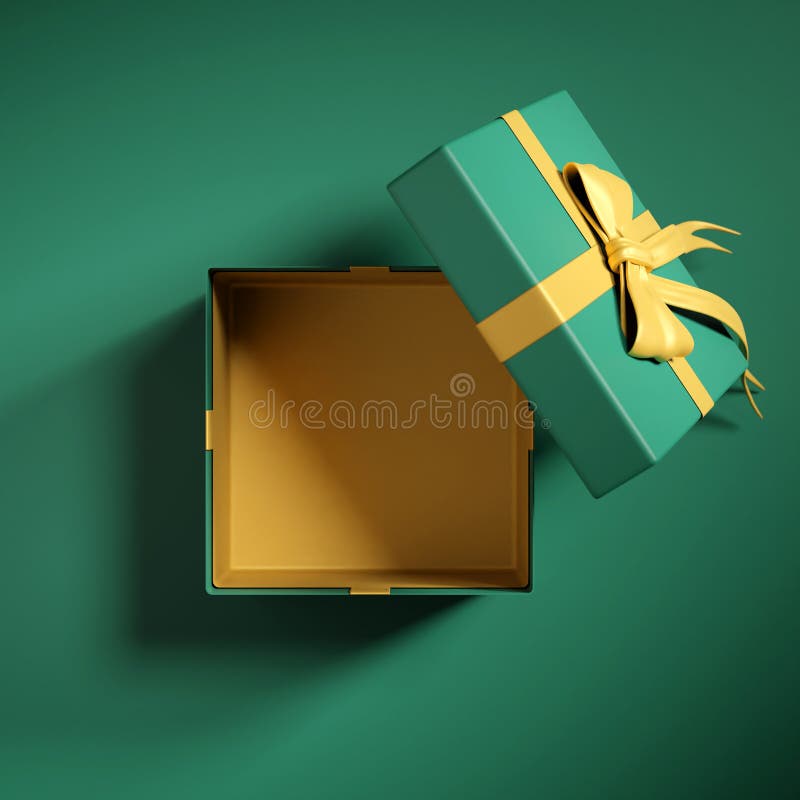 Top View of Open Gift Box or Present Box with Gold Ribbon and Bow on ...