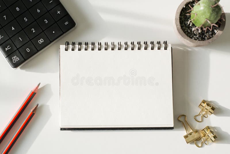 Top View Open Notebook, Calculator, Pencil and Plant Potted on White ...