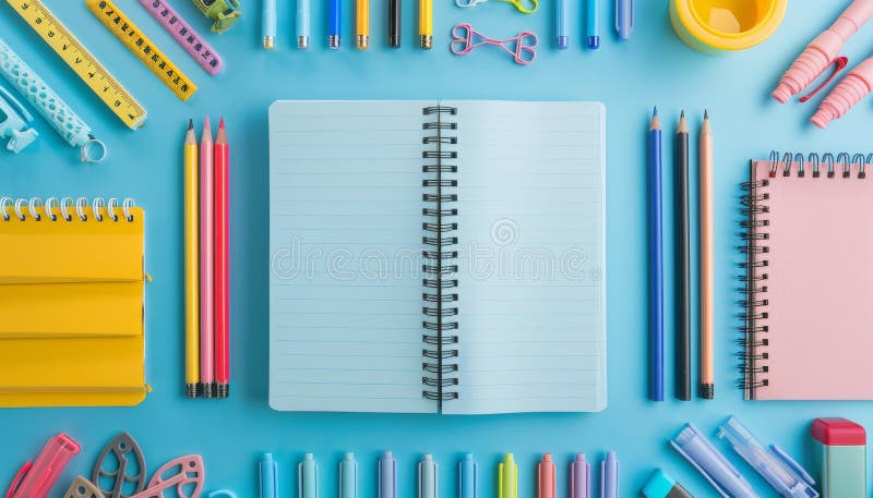 Top View of an Open Notebook Surrounded by Colorful Stationery Items on ...