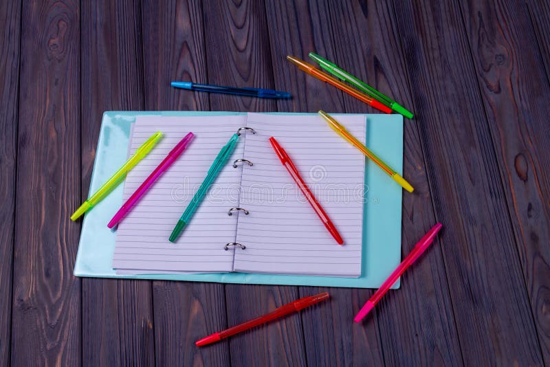 Top View Open Notepad with Many Pens. Stock Image - Image of write ...