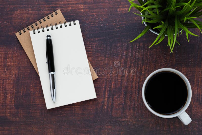 Top View of Open School Notebook with Blank Pages, Coffee Cup and Pen ...