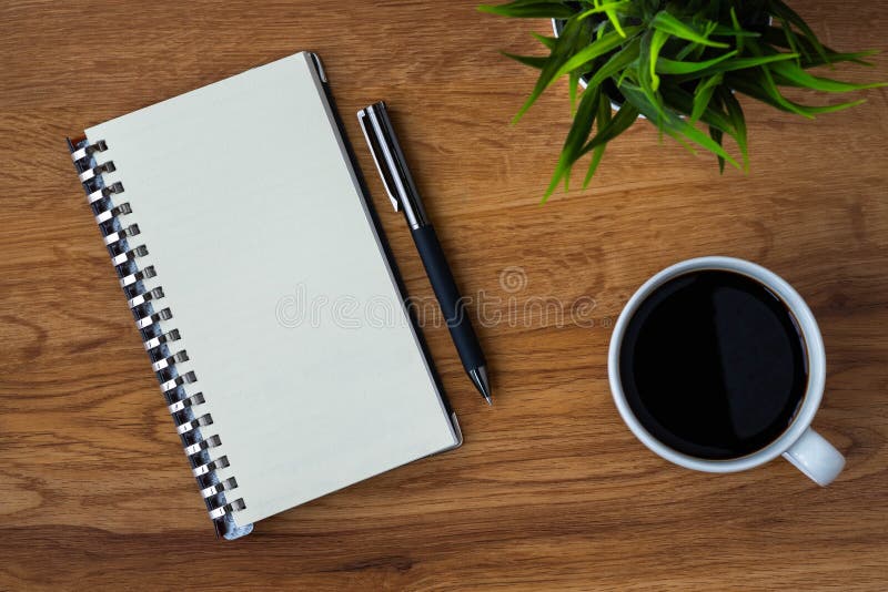 Top View of Open School Notebook with Blank Pages, Coffee Cup and Pen ...