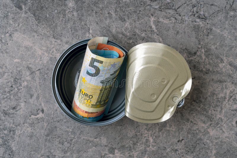 Top View of Open Tin Can with a Roll of Euro Banknotes Stock Photo ...