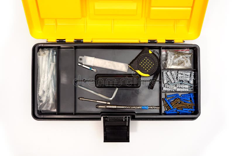 Top View of Opened Plastic Box with Mix of Tools and Instruments Stock ...