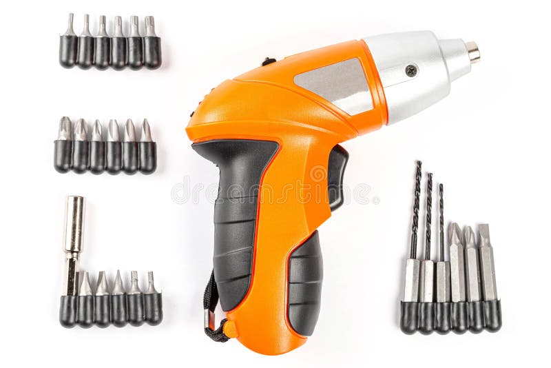 Top View, Orange Electric Screwdriver with Bits and Drills on White ...