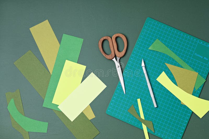 Top View Over Paper Cut Tools, Scissors, Cutter, Cutting Mat, and ...