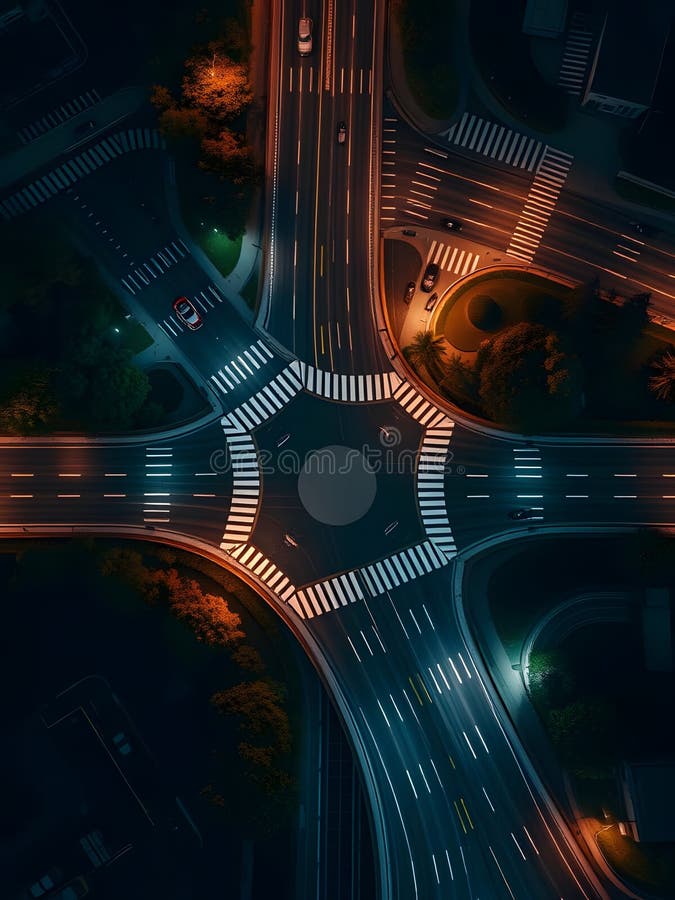 Top View of Overpass and Road Intersection at Night Stock Illustration ...