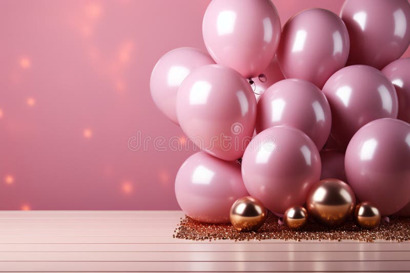 Top View Party Setup, Frame, Pastel Balloons, Confetti on Pink Table ...