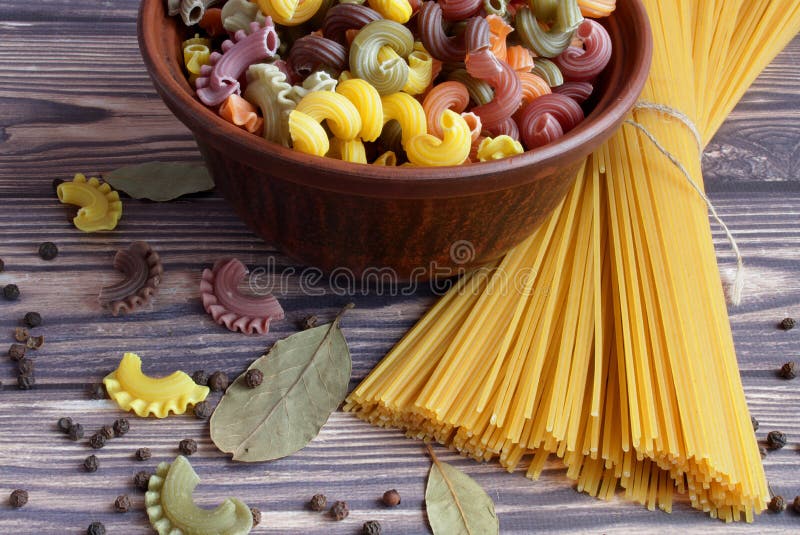 Top View on Pasta of Different Colors, Spaghetti are on the Table, on a ...