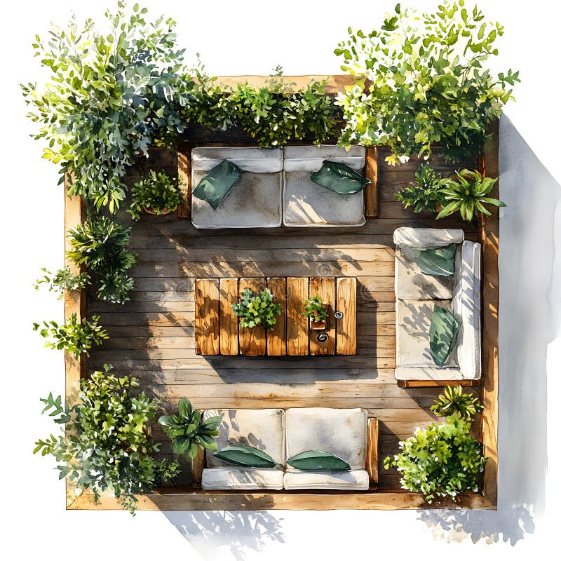 Top View of a Patio with Seating Plants and Coffee Table Stock ...