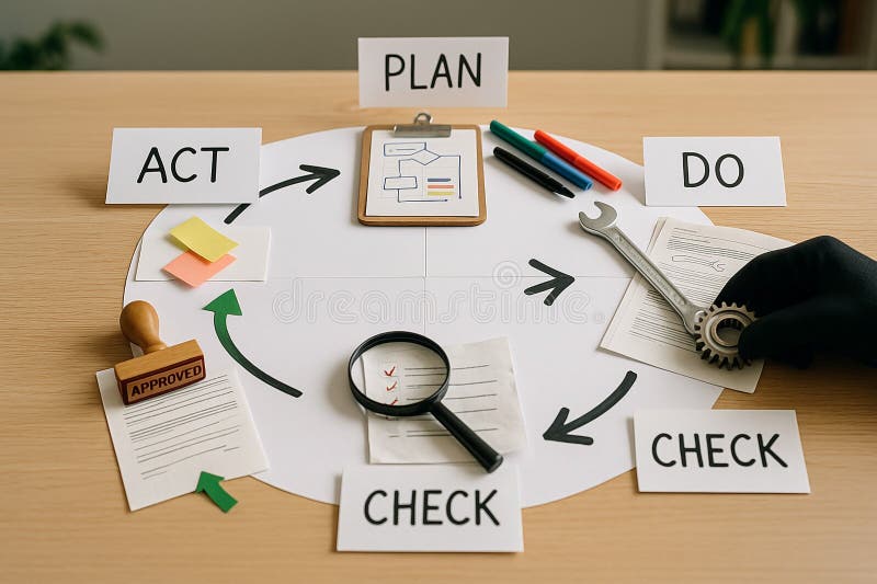 Top View of PDCA Cycle Illustration with Arrows, Documents, Magnifier ...