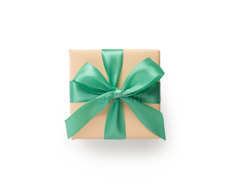 Top View of Peach Color Present Box with Emerald Ribbon Isolated on ...