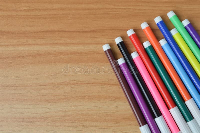 Top View of Pen Colors on Wooden Table with Copy Space Stock Image ...