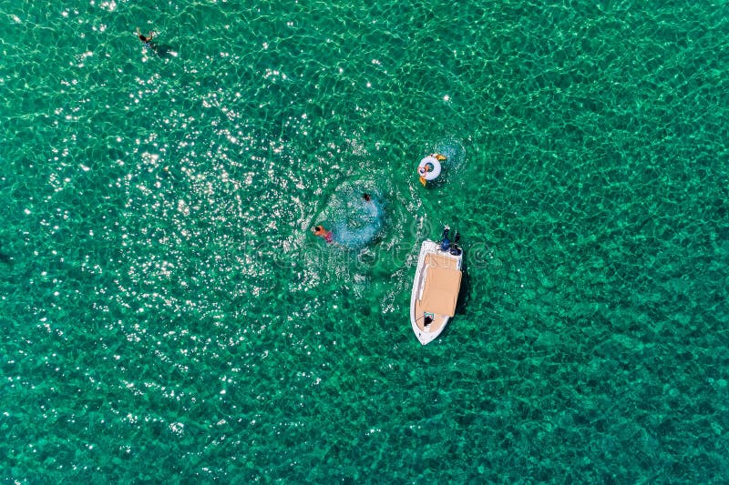 Top View of People in Floats at the Ocean at Chalkidiki Stock Photo ...