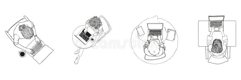 Top View People Working on Laptops Outline Set. Collaborative Workspace ...